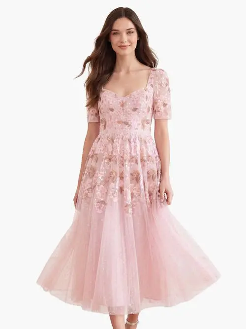 NEEDLE & THREAD Wisteria Sweetheart Embroidered Sequin Ballerina Dress