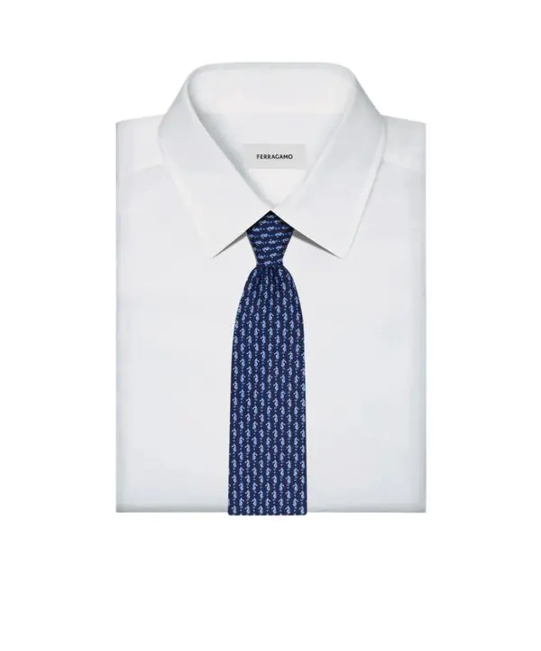 FERRAGAMO Seahorse Print Silk Neck Tie - Navy