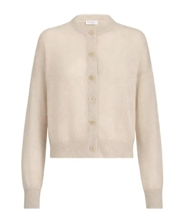 Brunello Cucinelli Sparkling Mohair And Wool Cardigan With Monili - Ivory