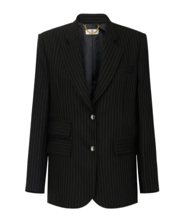 Elisabetta Franchi Pinstriped Jacket In Cool Wool Fabric - Black/beige