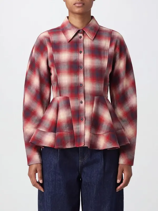 GANNI Checked Peplum Shirt - Red