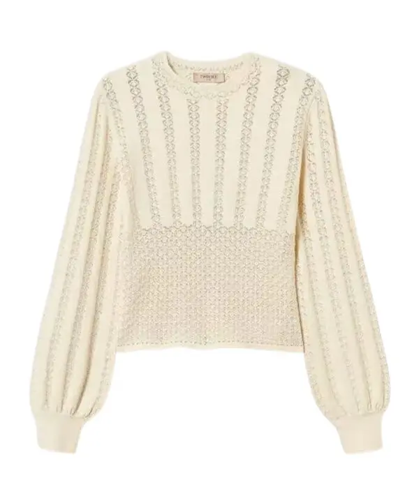 TWINSET Crew Neck Long Sleeve Cut Out Knit Top - Nude
