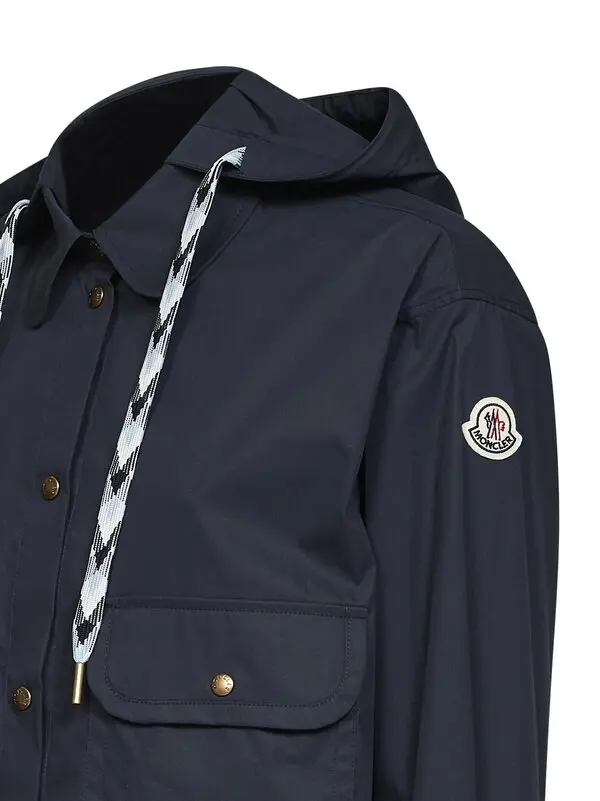 Moncler Technical Cotton Blend Hooded Cropped Shirt Jacket - Navy Blue