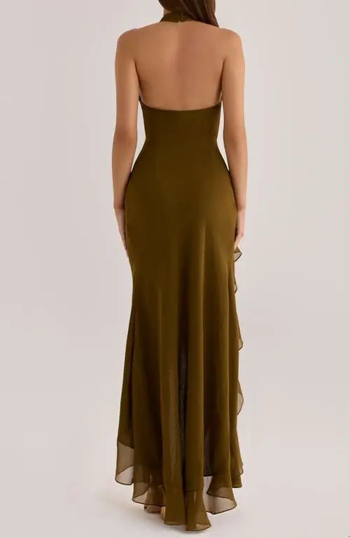 House Of Cb Raquel Georgette Halter Maxi Gown With Floral Embroidery And Ruffles