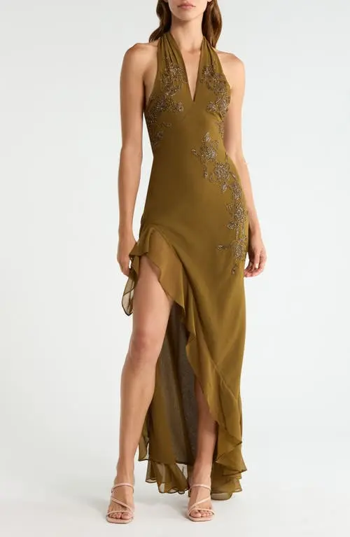House Of Cb Raquel Georgette Halter Maxi Gown With Floral Embroidery And Ruffles