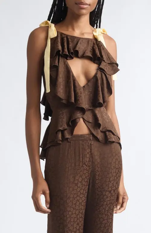 SIEDRES Marian Crop Ruffle Satin Jacquard Top - Brown/yellow