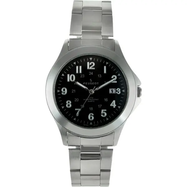 PEUGEOT Military Round Dial Calendar Bracelet Watch40mm - Silver