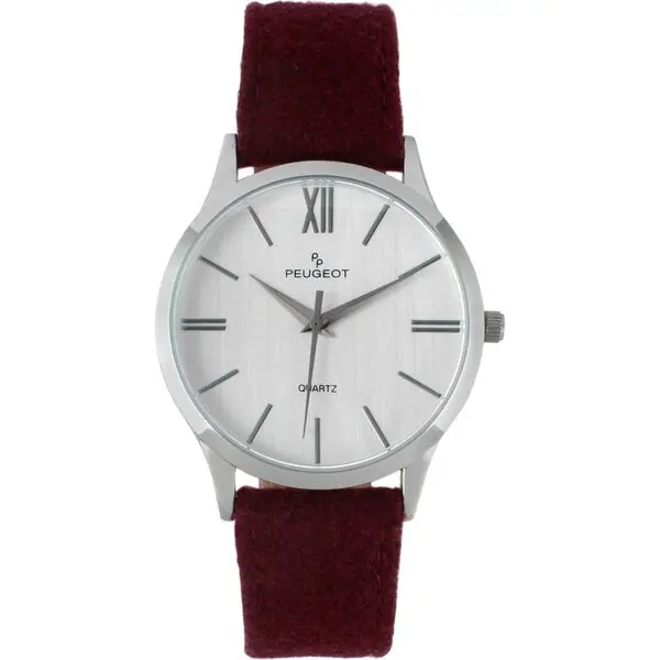 PEUGEOT Minimalist Clean Dial Wool-leather Strap Watch- 40mm - Wine