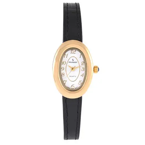 PEUGEOT Vintage Oval Leather Strap Watch - Black