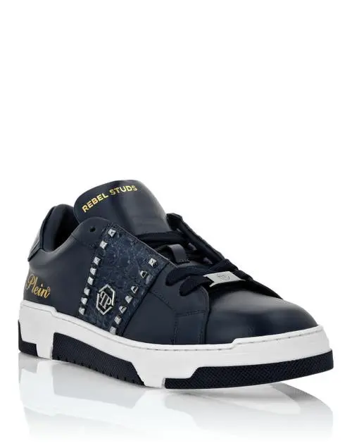 Philipp Plein Low Top Sneakers With Rhinestone Embellishments And Croc-effect Leather - Darkblue