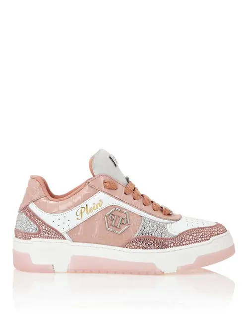 Philipp Plein Low Top Sneakers With Rhinestone Embellishments And Croc-effect Leather - Rose/pink