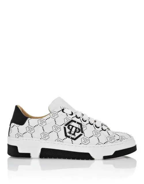 Philipp Plein Matte Monogram Leather Low Top Sneakers - Black