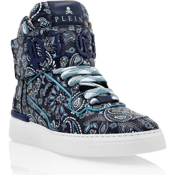 Philipp Plein Paisley Print Leather High-top Sneakers - Navy
