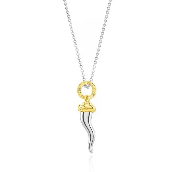 UNALOE Two Tone Sterling Silver Italian Horn Pendant Necklace With Gold Plated Detail - Gold/silver