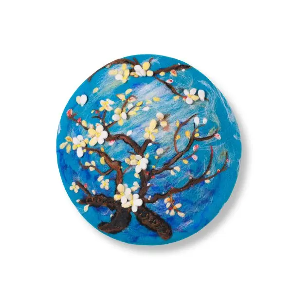 HEARTFELT LAYERS Hand-felted Wool Beret With Almond Blossom Motif - Blue