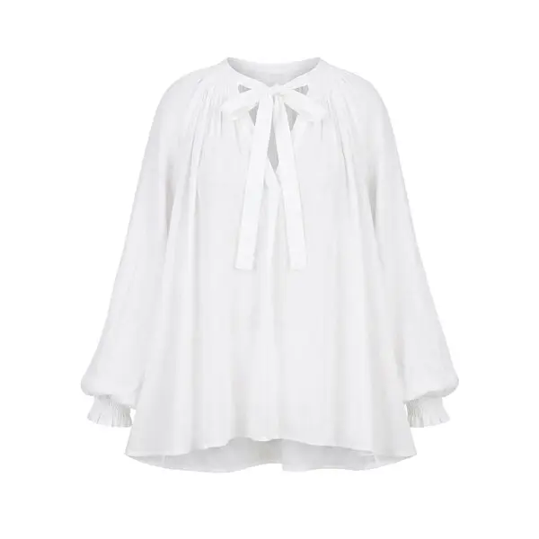 Adrift Clothing Wren Billow Sleeve Blouse With Tie Neck - White