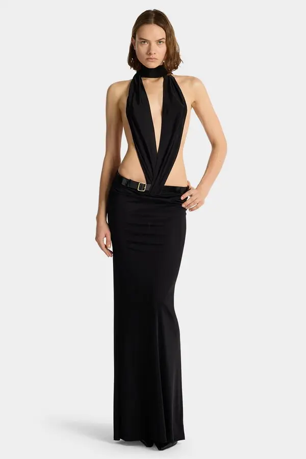 Dsquared2 Deep Cut Shiny Viscose Jersey Long Dress
