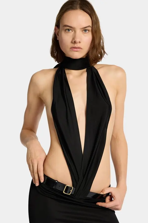 Dsquared2 Deep Cut Shiny Viscose Jersey Long Dress