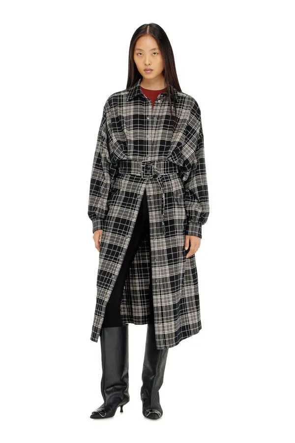 DIESEL® Checked Flannel Midi Shirt Dress With Wide Belt