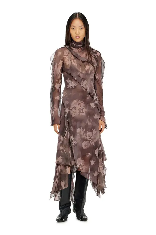 DIESEL® Asymmetric Midi Dress In Chiffon And Silk-crepe