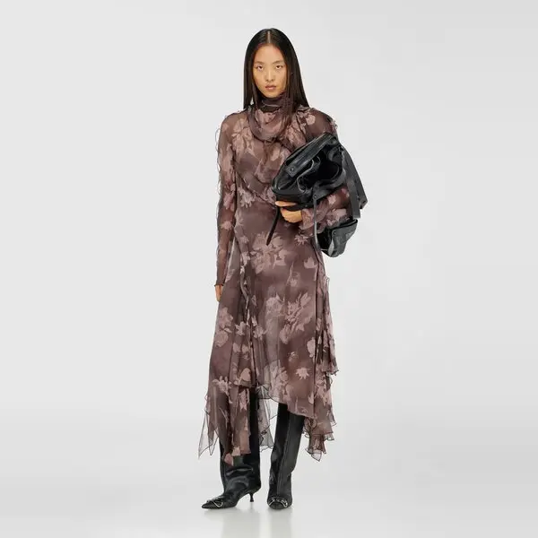 DIESEL® Asymmetric Floral Midi Dress In Chiffon And Silk-crepe - Brown