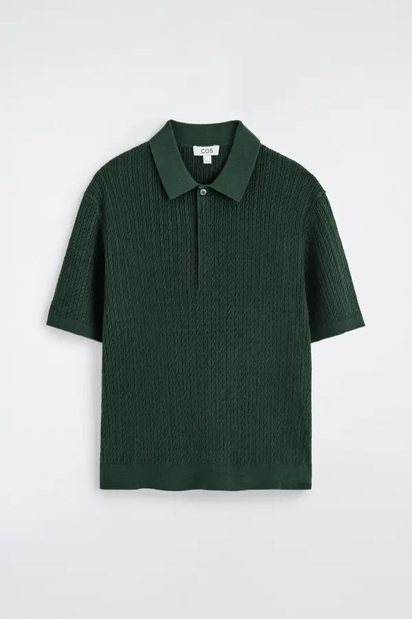 Cos Cable-knit Cotton-linen Polo Shirt - Green