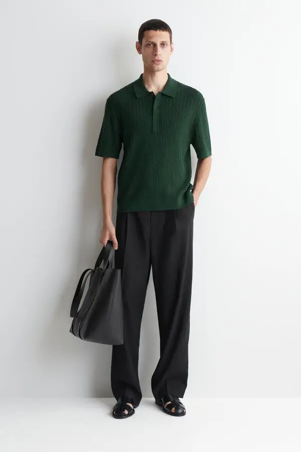 Cos Cable-knit Cotton-linen Polo Shirt - Green