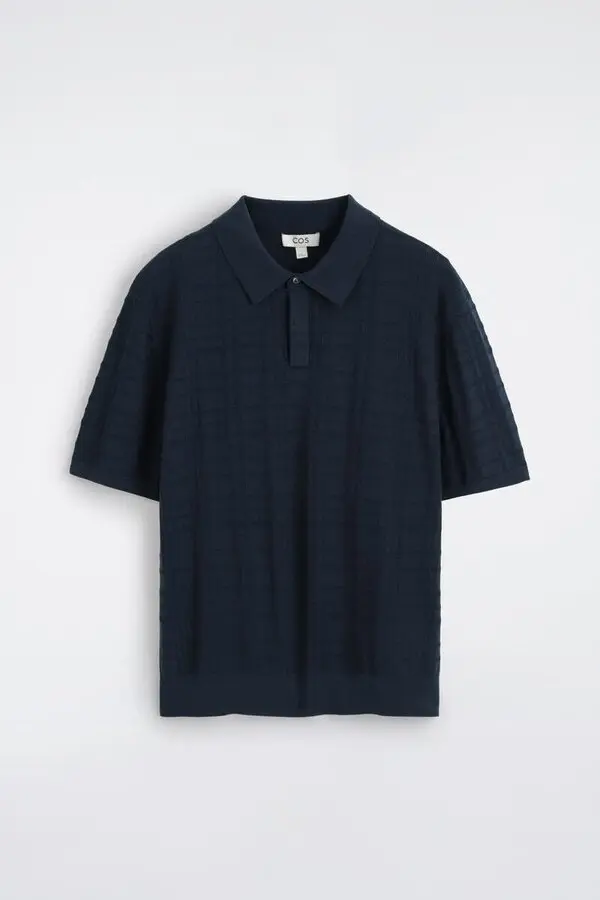 Cos Checked Jacquard-knit Polo Shirt - Navy