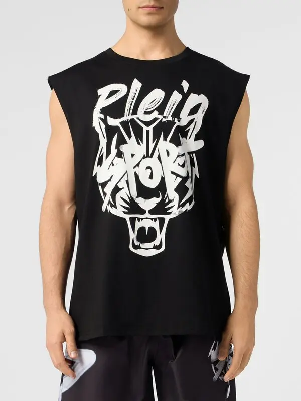 PLEIN SPORT Cotton Tank Top With Graphic Logo Print - Black