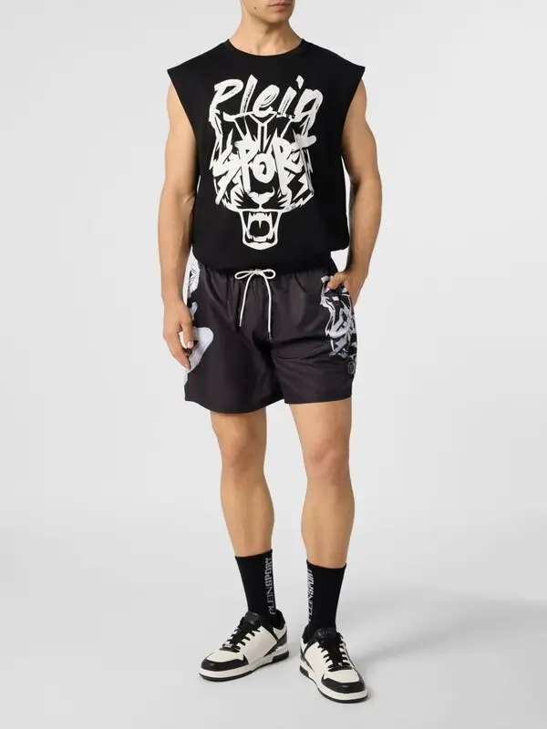 PLEIN SPORT Cotton Tank Top With Graphic Logo Print - Black