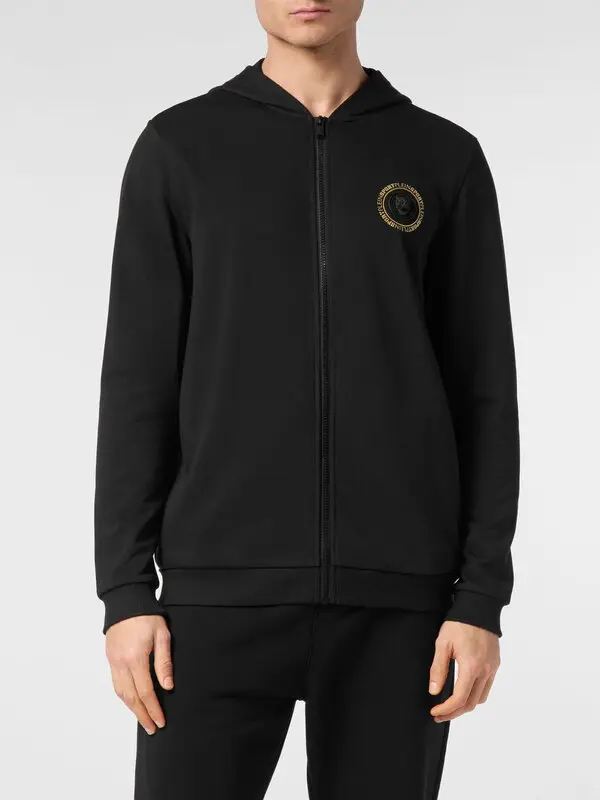 PLEIN SPORT Zipped Jersey Hoodie With Contrast Logo And America Pockets