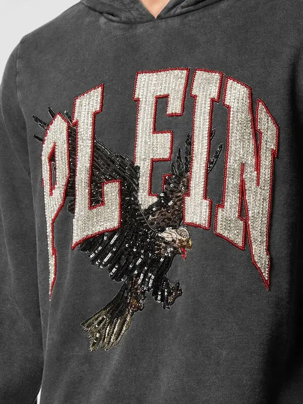 Philipp Plein Relaxed Fit Rhinestone Logo Jersey Hoodie - Black