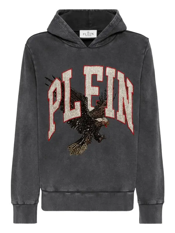 Philipp Plein Relaxed Fit Rhinestone Logo Jersey Hoodie - Black