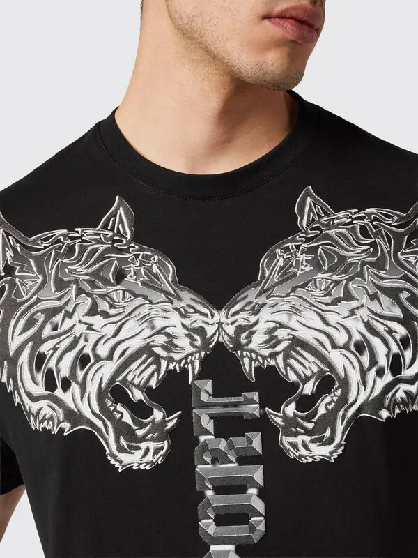 PLEIN SPORT Cotton T-shirt With Graphic Print And Contrast Logo - Black
