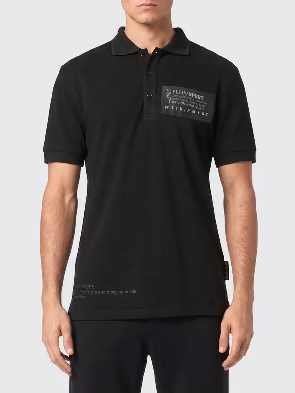 PLEIN SPORT Short-sleeved Cotton Polo Shirt With Contrasting Logo - Black
