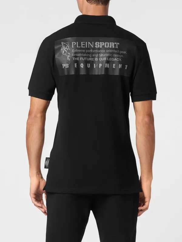 PLEIN SPORT Short-sleeved Cotton Polo Shirt With Contrasting Logo - Black