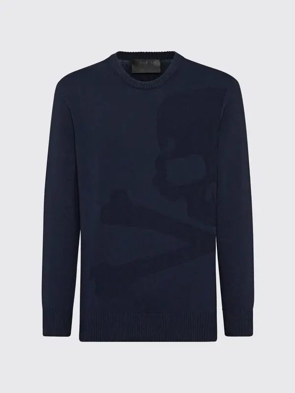 Philipp Plein Skull Print Wool And Cotton Crewneck Jumper For A Rock-inspired Look - Blue