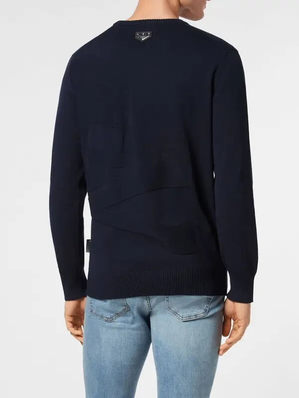 Philipp Plein Skull Print Wool And Cotton Crewneck Jumper For A Rock-inspired Look - Blue