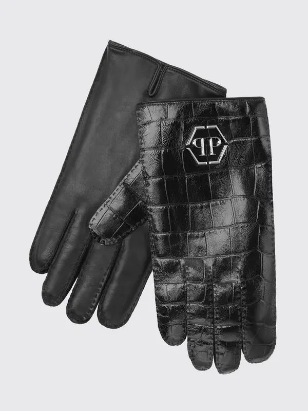Philipp Plein Leather Gloves With Embossed Logo - Black