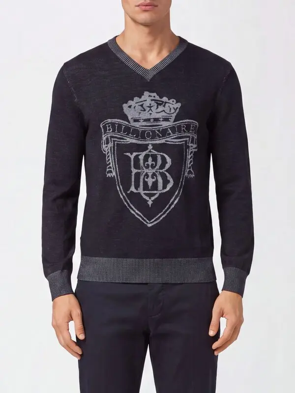 BILLIONAIRE Wool And Silk V-neck Jumper With Jacquard Logo - Blue