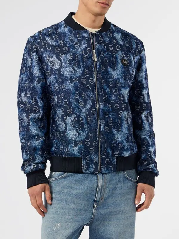 Philipp Plein Bomber Jacket With All-over Logo Print - Navy