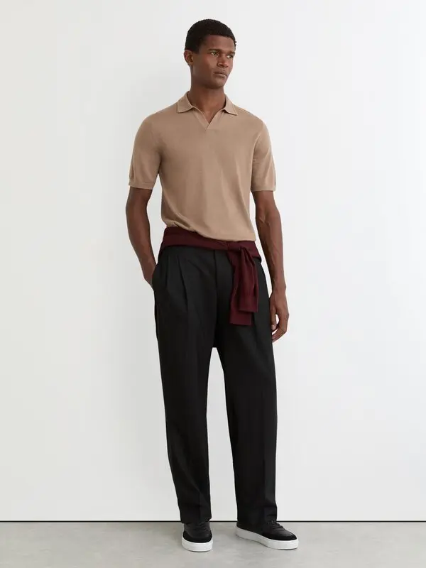 REISS Duchie Merino Wool Open Collar Polo Shirt - Camel Brown