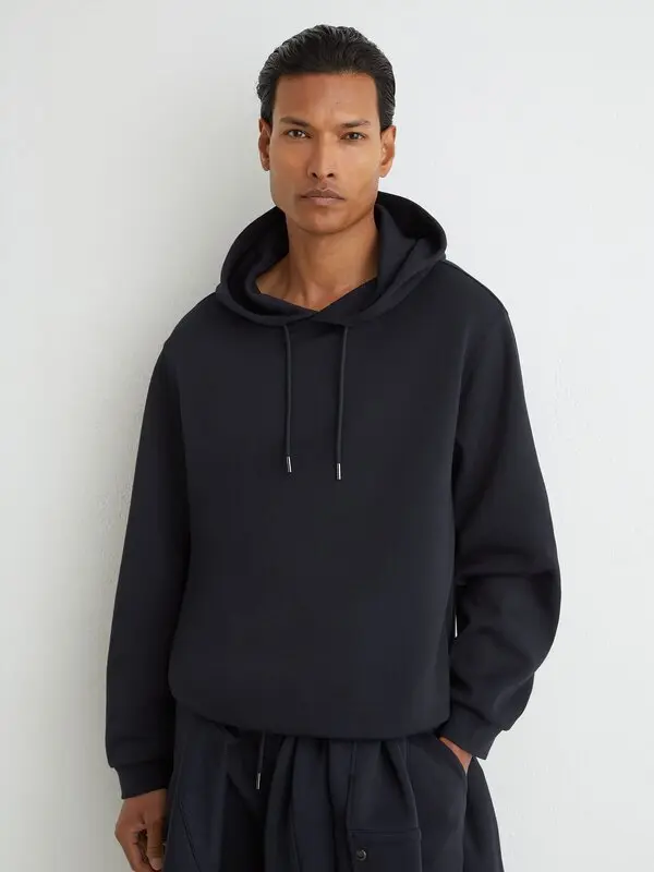 REISS Falco Premium Interlock Relaxed-fit Hoodie - Navy