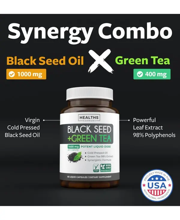 HEALTHS HARMONY Black Seed Oil + Green Tea Liquid Capsules