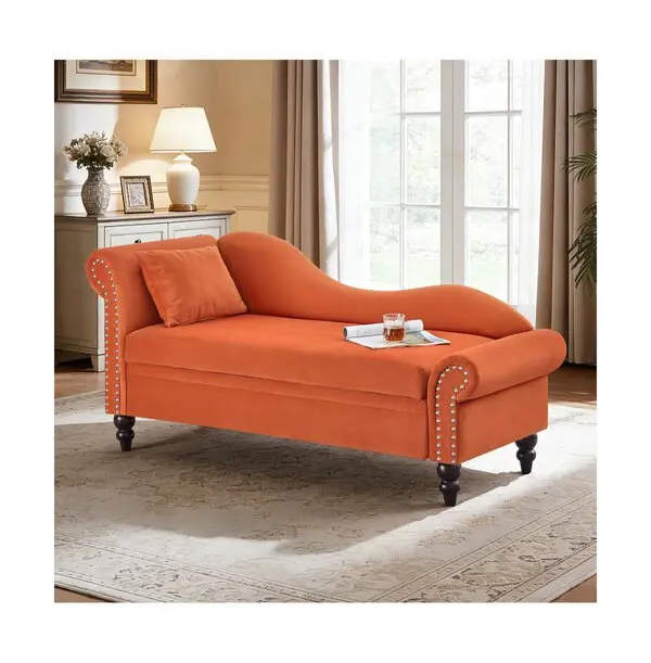 RAINSKEN 64.5-inch Modern Velvet Chaise Longue With Storage - Orange