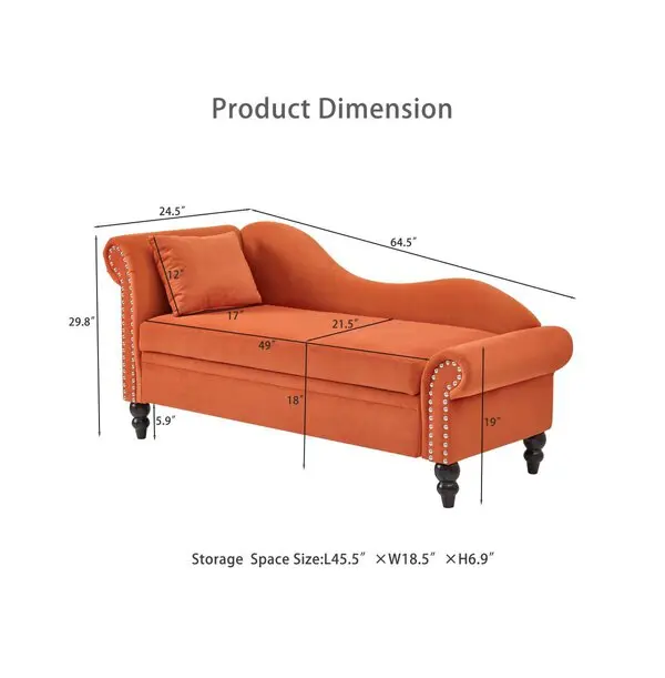 RAINSKEN 64.5-inch Modern Velvet Chaise Longue With Storage - Orange