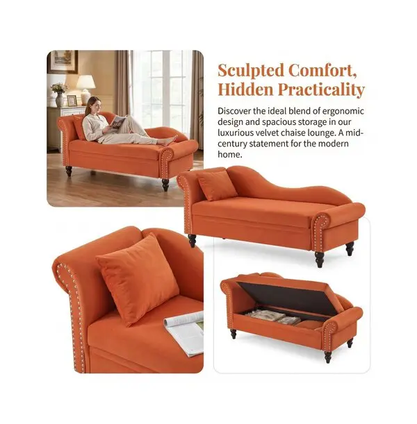 RAINSKEN 64.5-inch Modern Velvet Chaise Longue With Storage - Orange