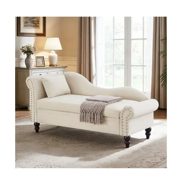 RAINSKEN 64.5-inch Modern Velvet Chaise Longue With Storage - White