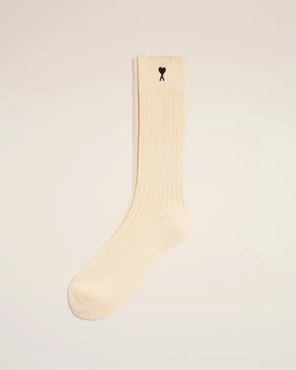 AMI Paris Cotton Blend Ribbed Socks With De Coeur Embroidery - Ivory
