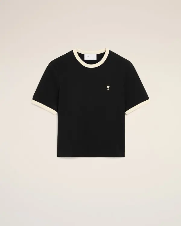 AMI Paris Black Contrasted Cotton T-shirt With De Coeur Black - Black/ivory